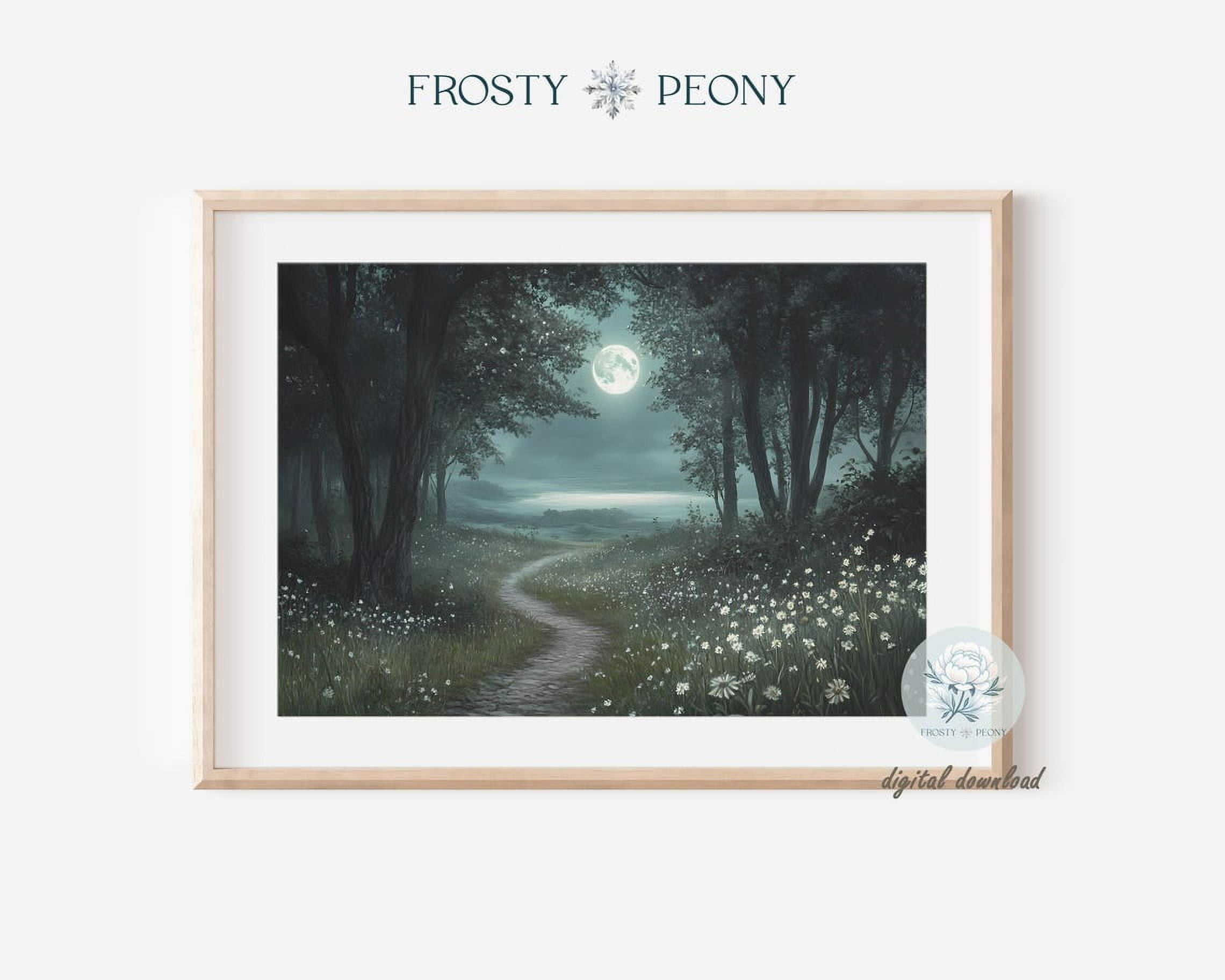 Magical Moonlit Foggy Wildflower Path Art Print, Enchanted Forest Floral Pathway Landscape Art ...