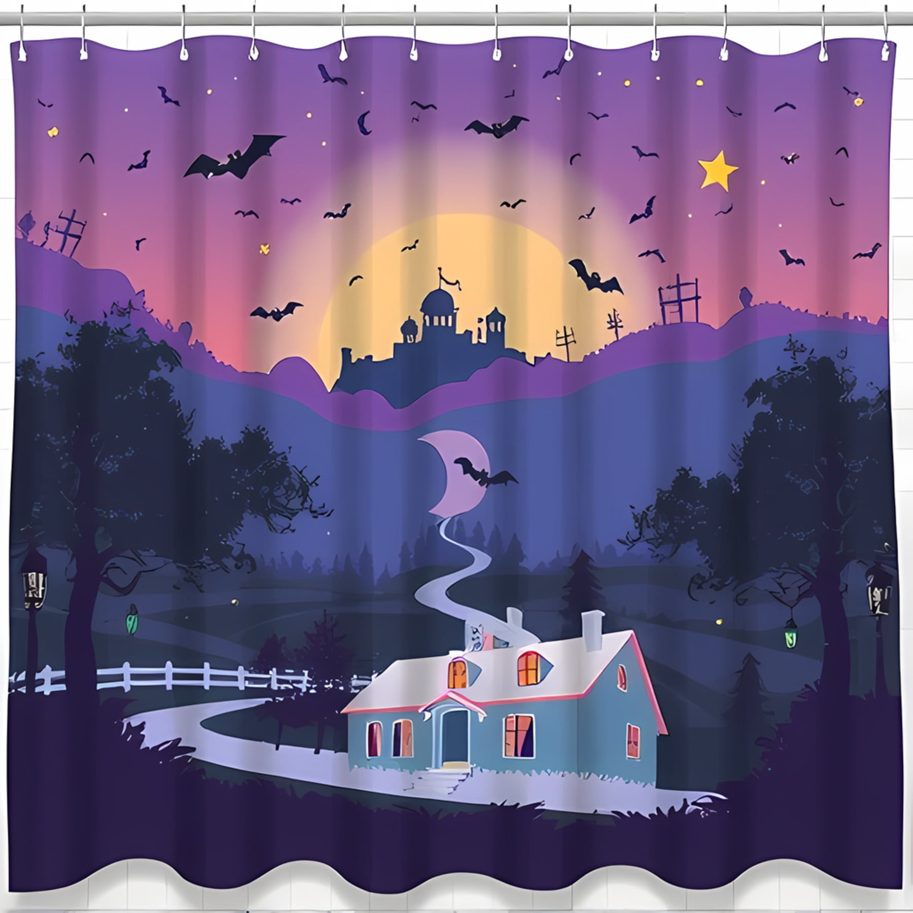 Magical Nighttime Castle Shower Curtain - Serene Design with Full Moon ...