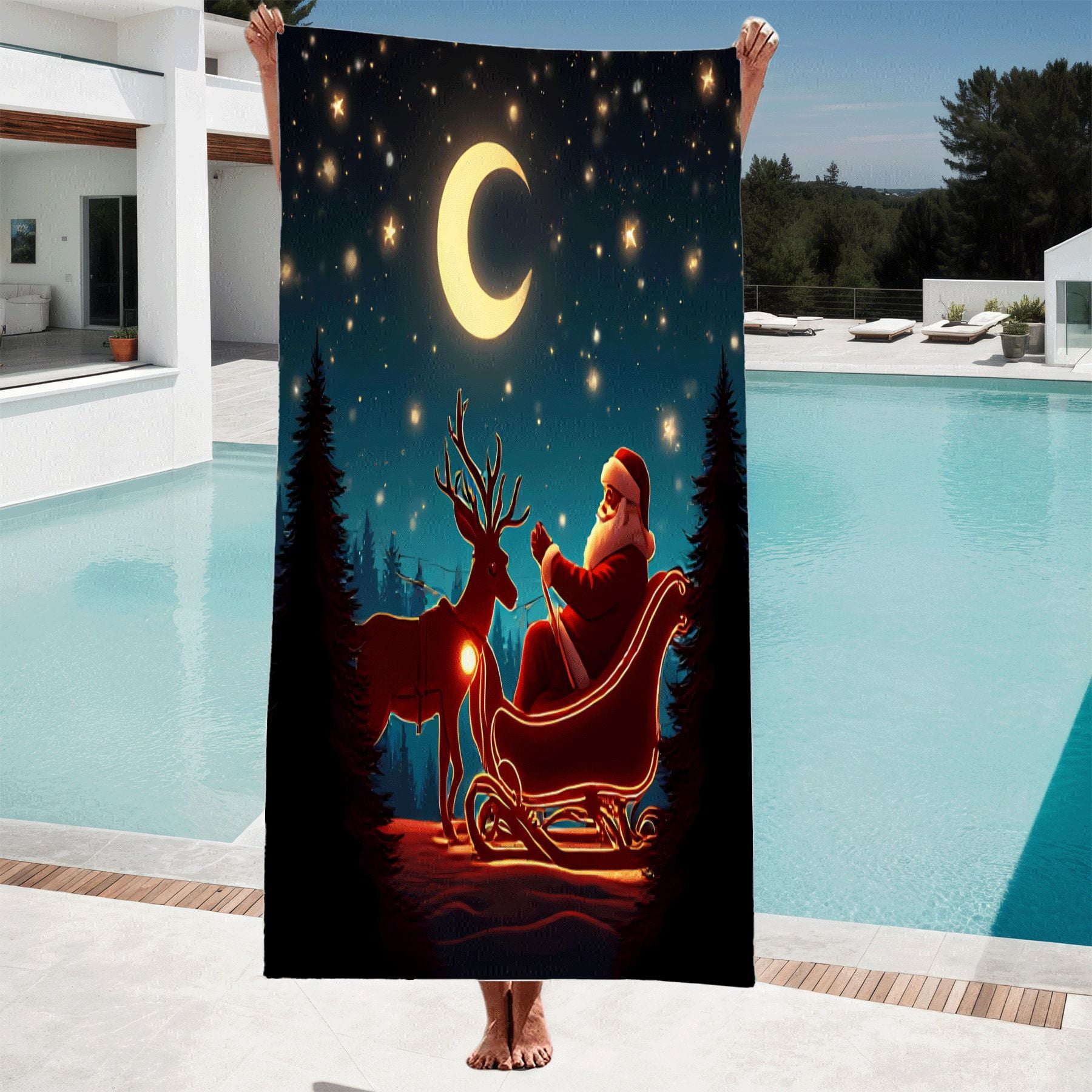 Magical Nighttime Scene Bath Towel - Sleigh and Reindeer Design ...