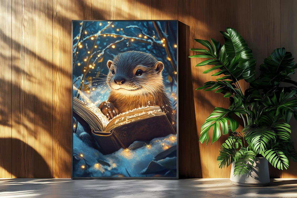 Magical Otter Reading Art, Enchanted Winter Whimsical Animal Wall Art ...