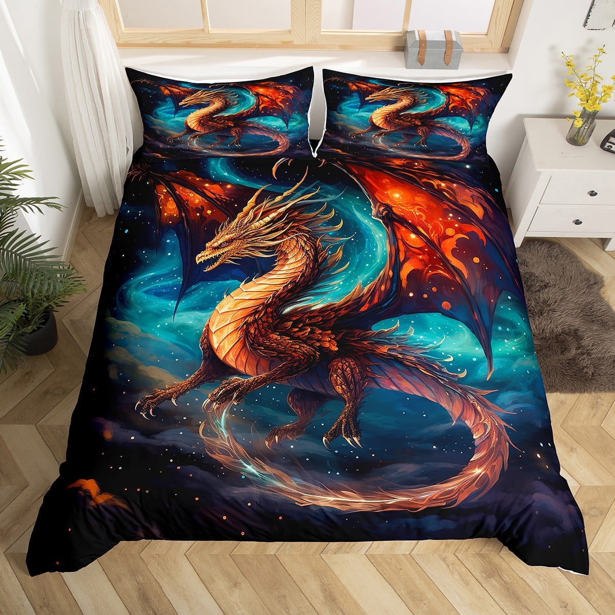 Magical Pterosaur Duvet Cover Full Red Dragon Bedding Sets, Dark Blue ...