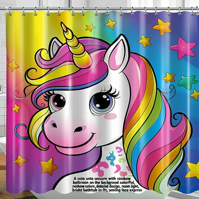 Magical Rainbow Shower Curtain Vibrant Cartoon Design With Stars Bright