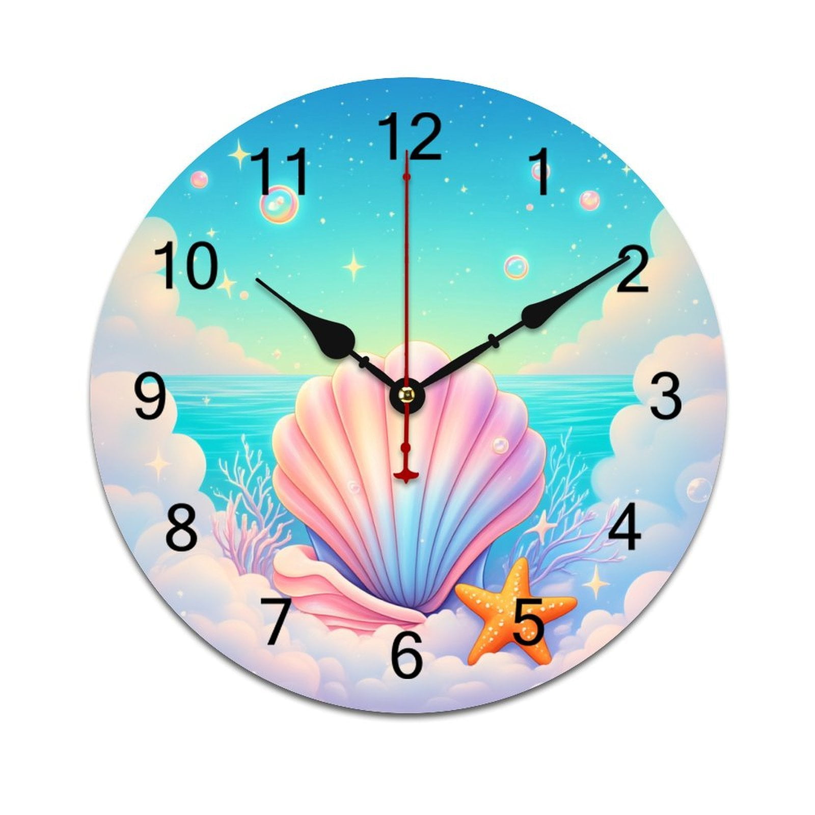 Magical Seashell And Starfish-1 Time Decorative Wall Clocks Round Large ...