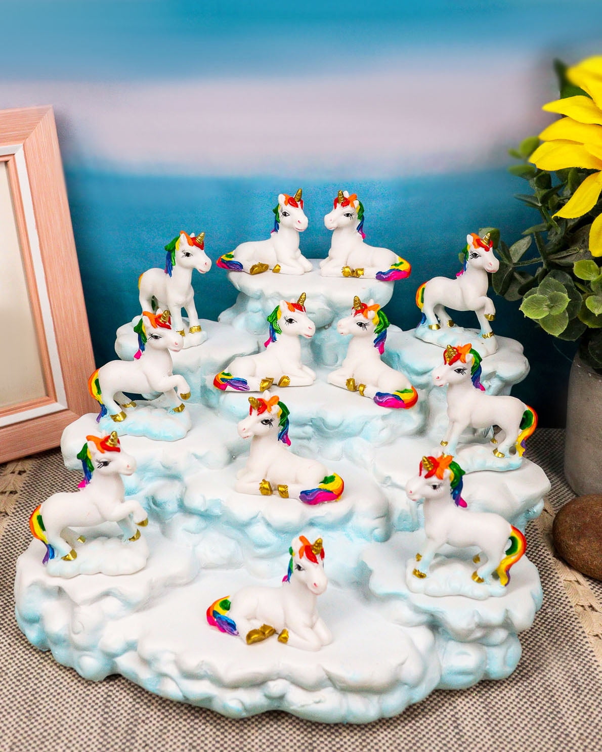 Magical Sky Clouds Terrace Castle Display And 12 Unicorn Miniatures ...