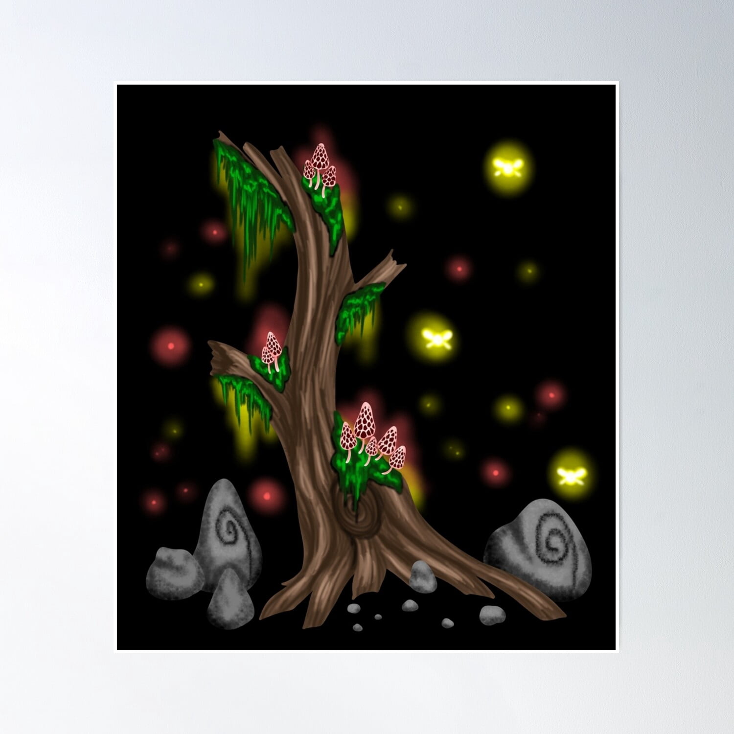 Magical Tree With Bright Green Moss, Red Mushrooms And Yellow And Red ...