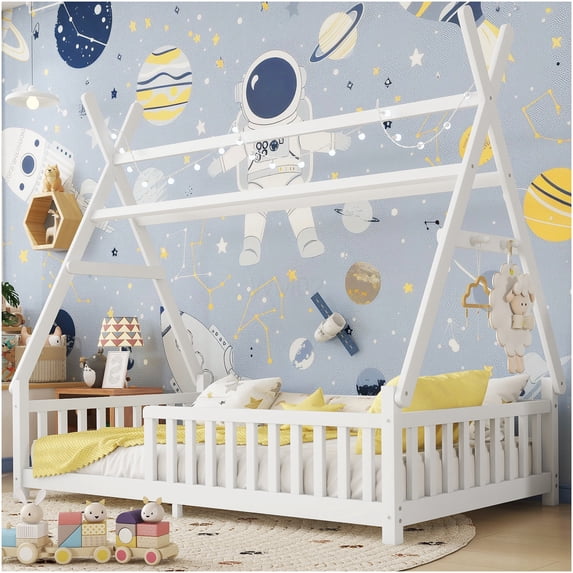 Magical Twin House Bed with LED Lights, Low Profile Playhouse Bed with ...