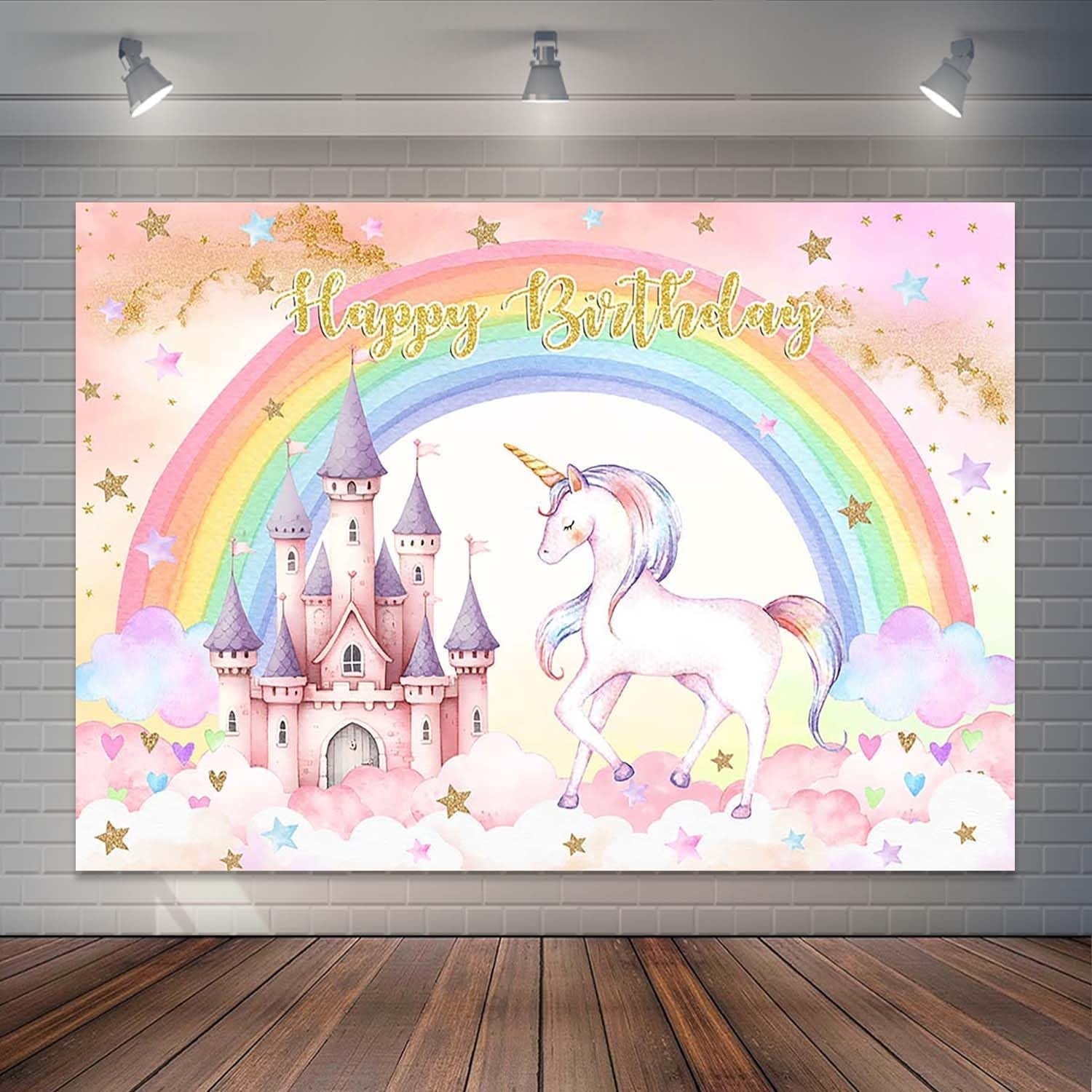 Magical Unicorn Birthday Backdrop Pastel Rainbow Castle Unicorn Fairy ...