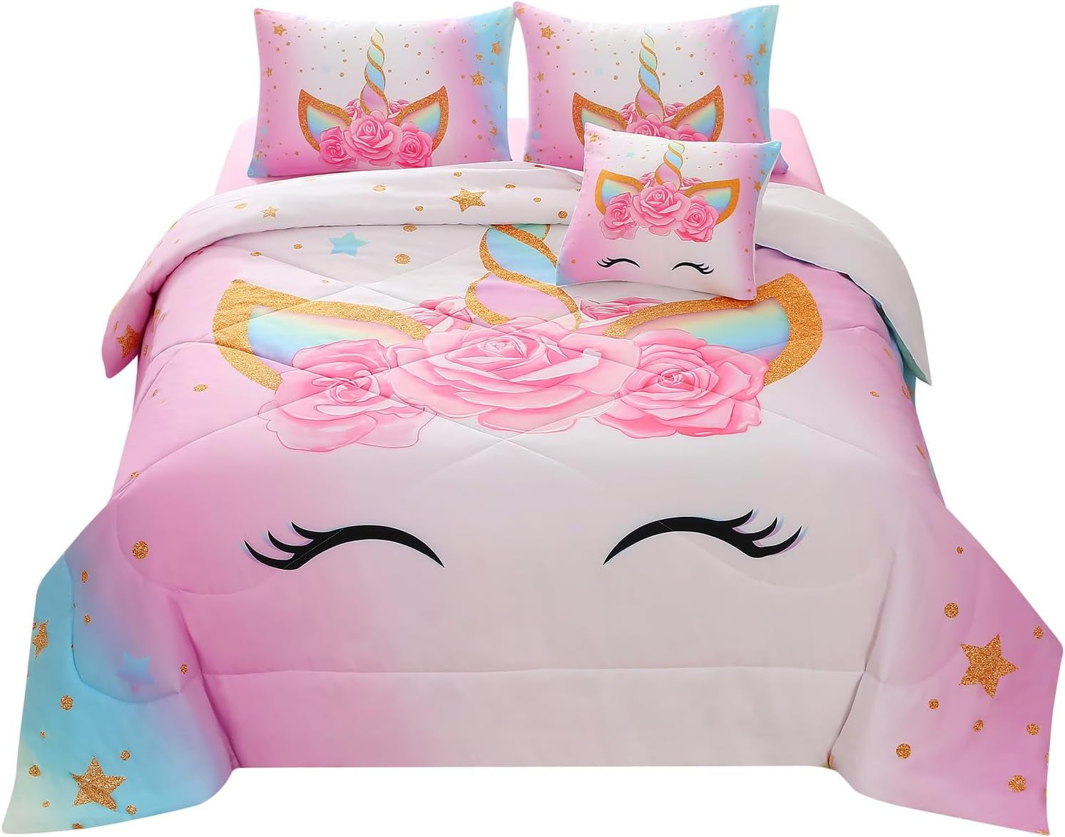 Magical Unicorn Flower Girl Pink Comforter Sets 3 Piece,3D Cartoon ...