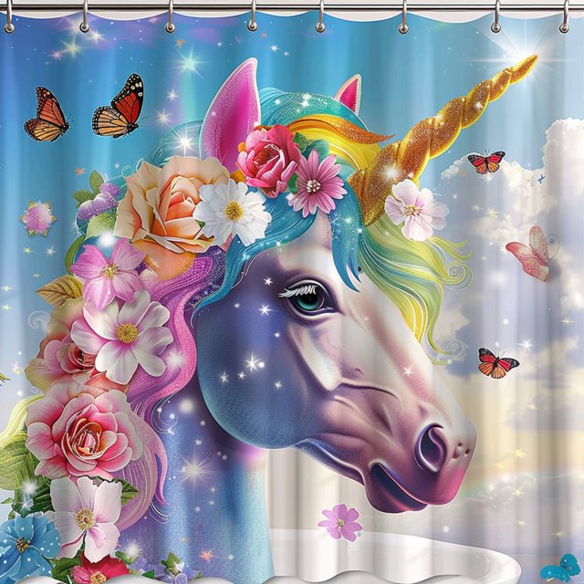 Magical Unicorn Rainbow Shower Curtain With Flowers And Butterflies