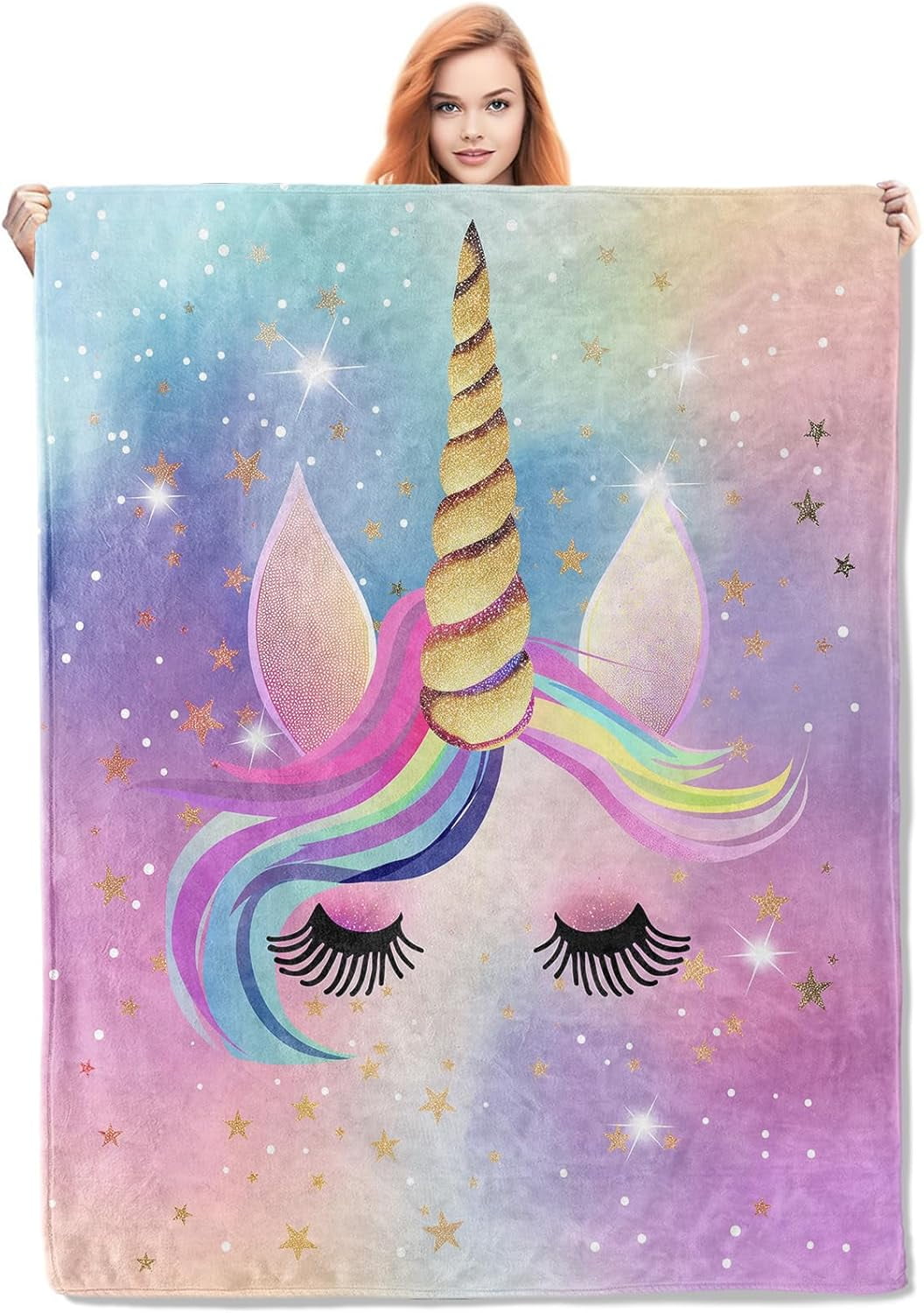Magical Unicorn with Sparkling Horn Flannel Blanket,Pastel Rainbow and ...