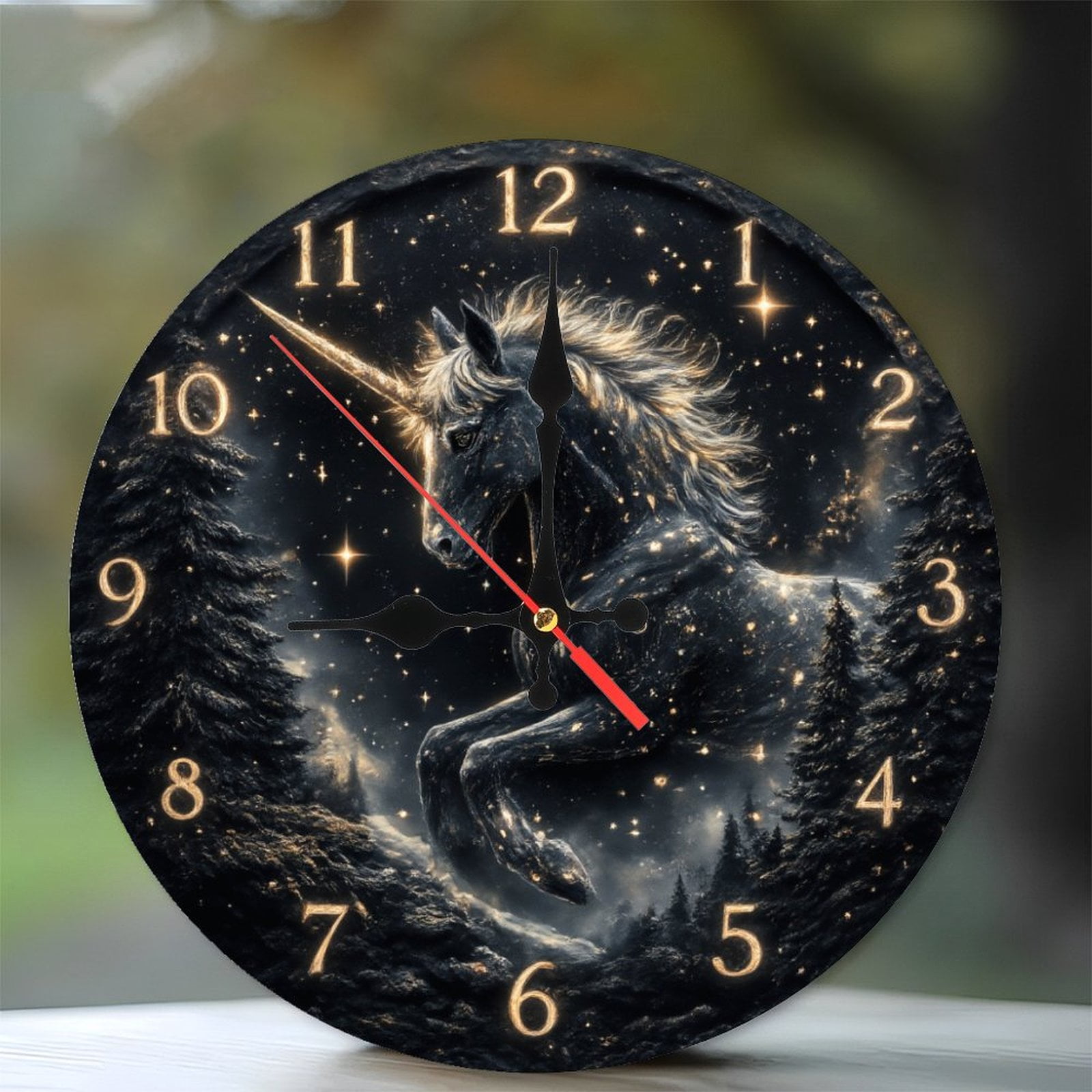 Magical Unicorn Wall Clock Dark Fantasy Horse Night Sky Decor 10-Inch Silent Wooden Wall Clock ...