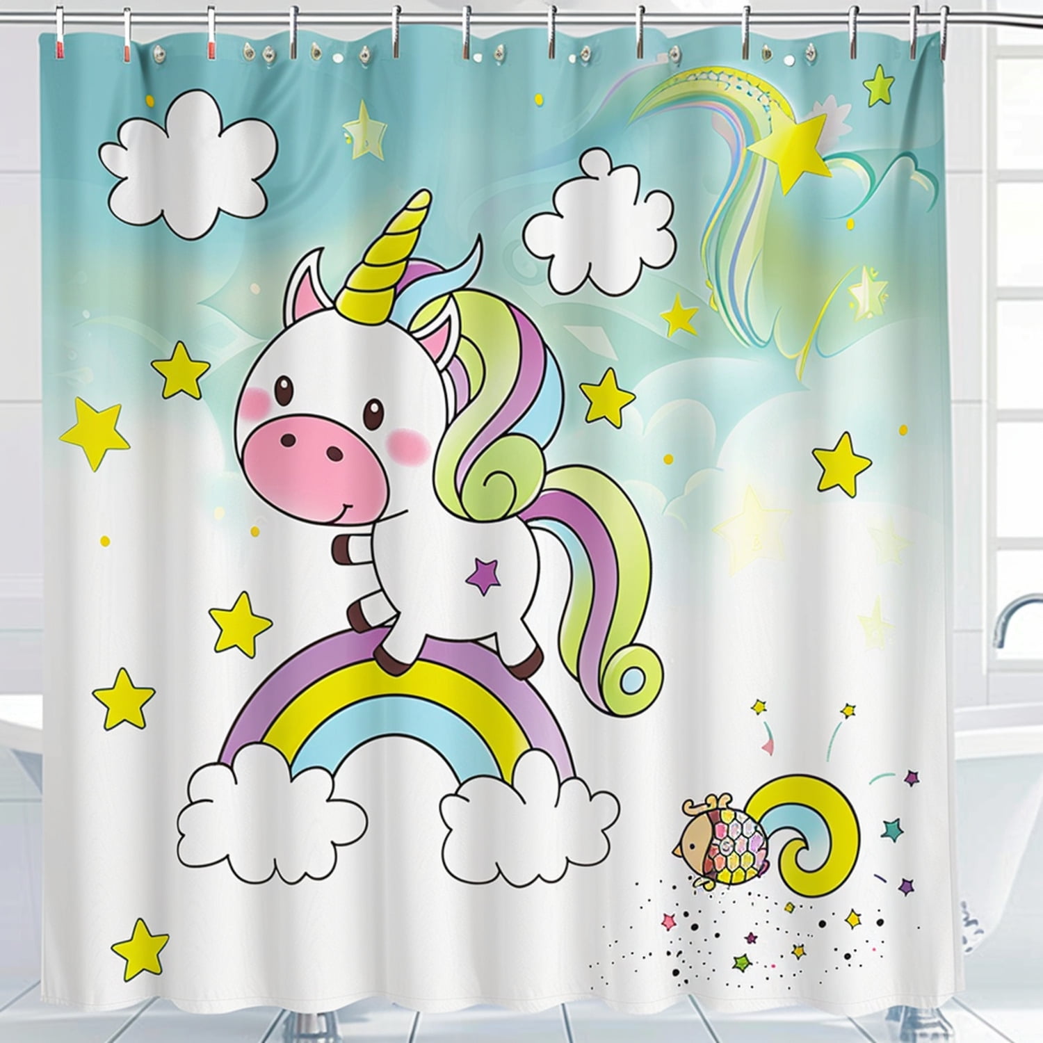 Magical Unicorn And Rainbow Shower Curtain Cartoon Style Design With