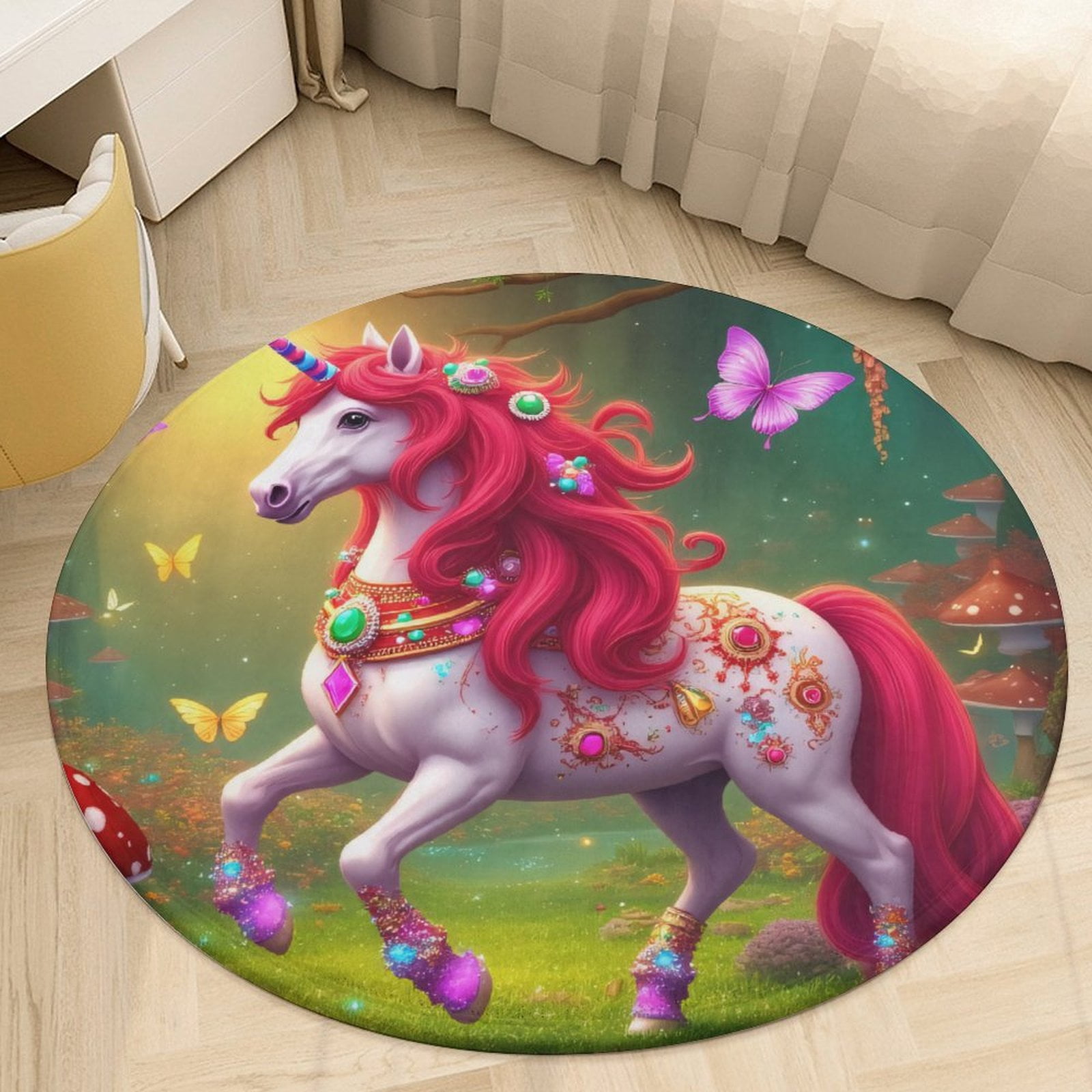 Magical Unicorn in Enchanted Forest Round Area Rugs for Bedroom Living ...