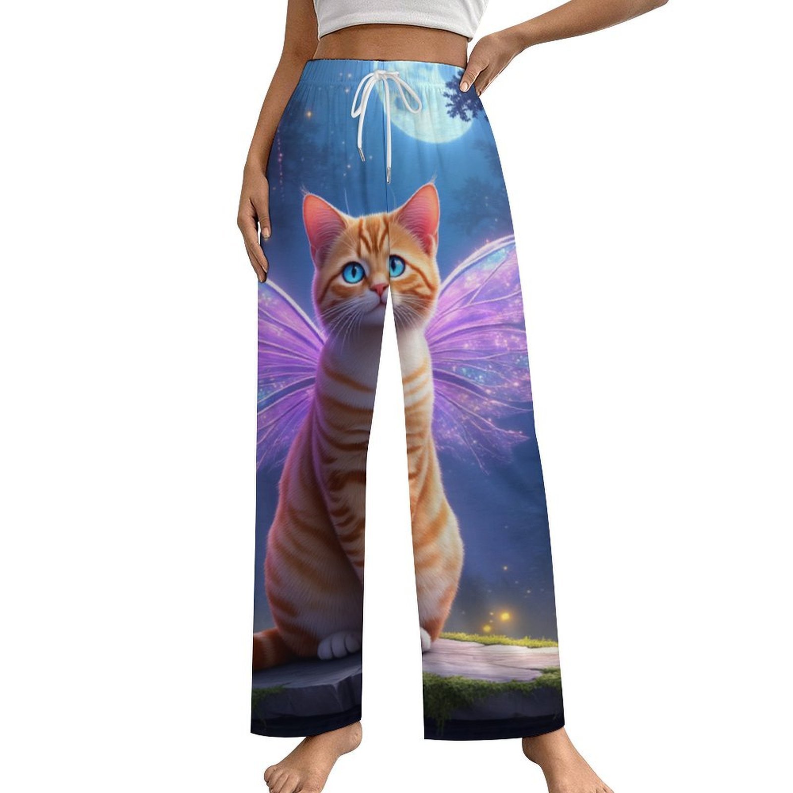 Magical Winged Cat in Enchanted Forest-1 Pajamas Leisure Trousers Soft ...