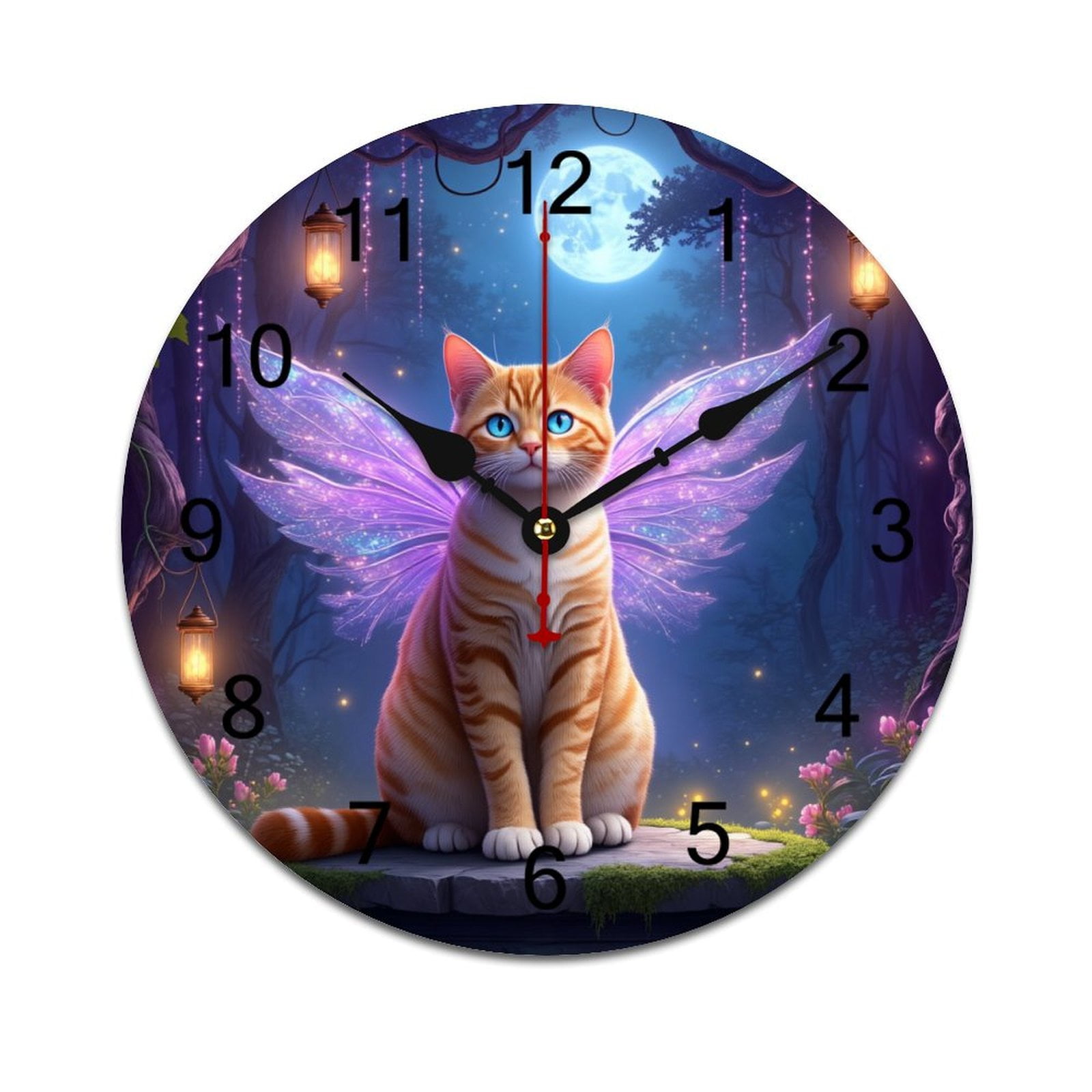 Magical Winged Cat in Enchanted Forest-1 Printed Silent Wall Clock ...