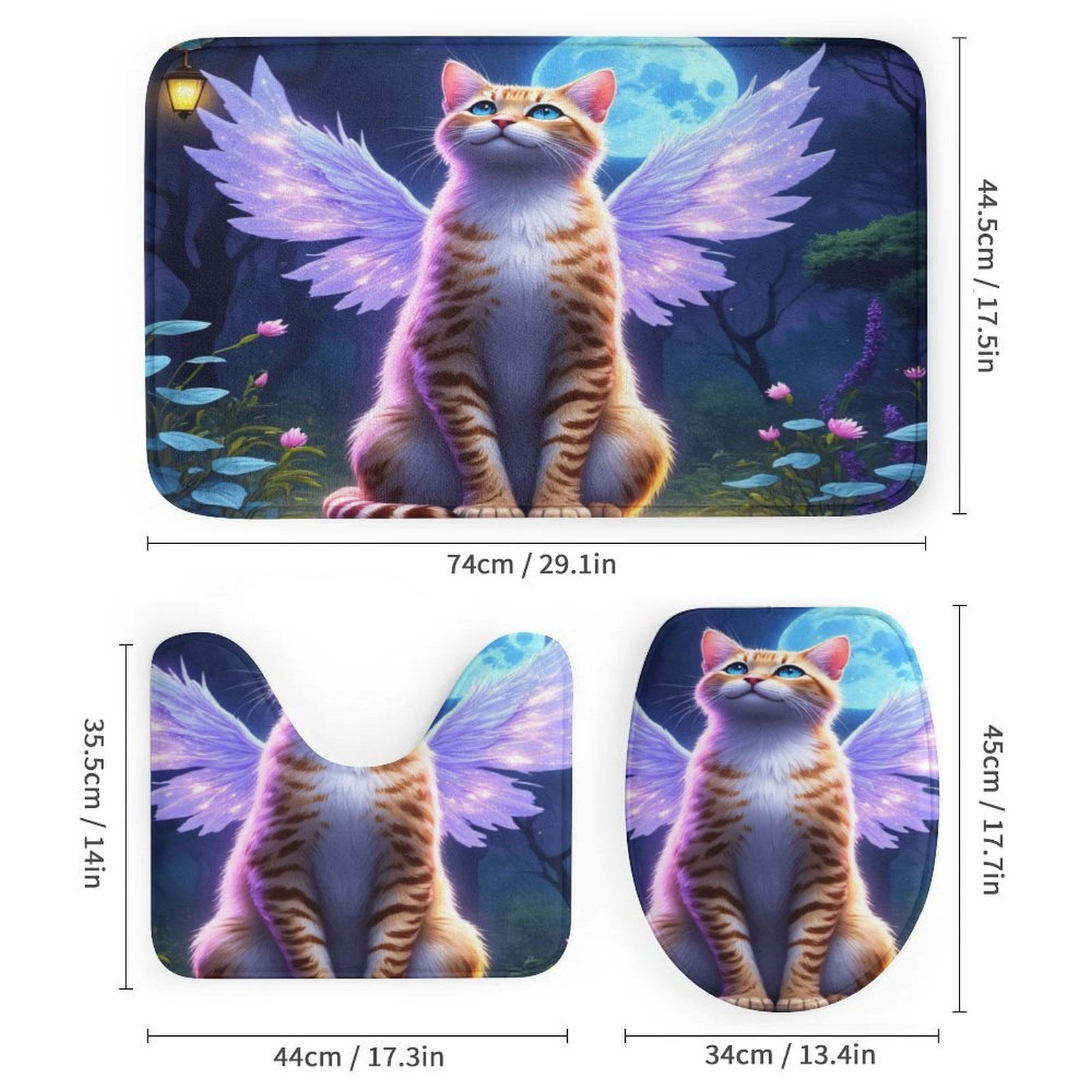 Magical Winged Cat in Moonlit Forest Bathroom Rugs Sets 3 Piece Toilet ...