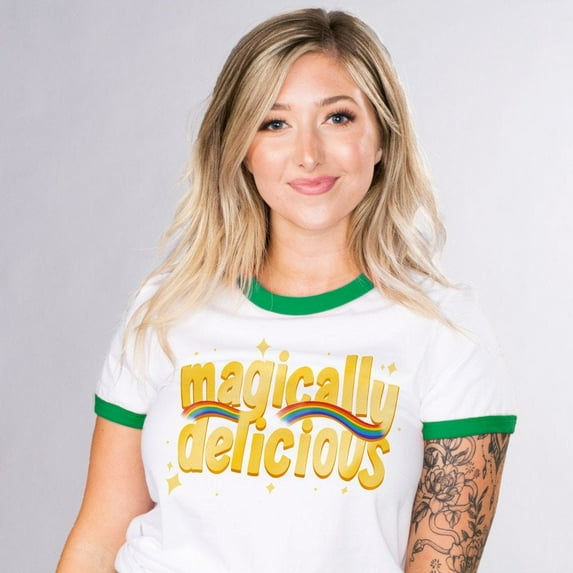 Magically Delicious White with Green Ringer Tee, Trendy Funny St ...