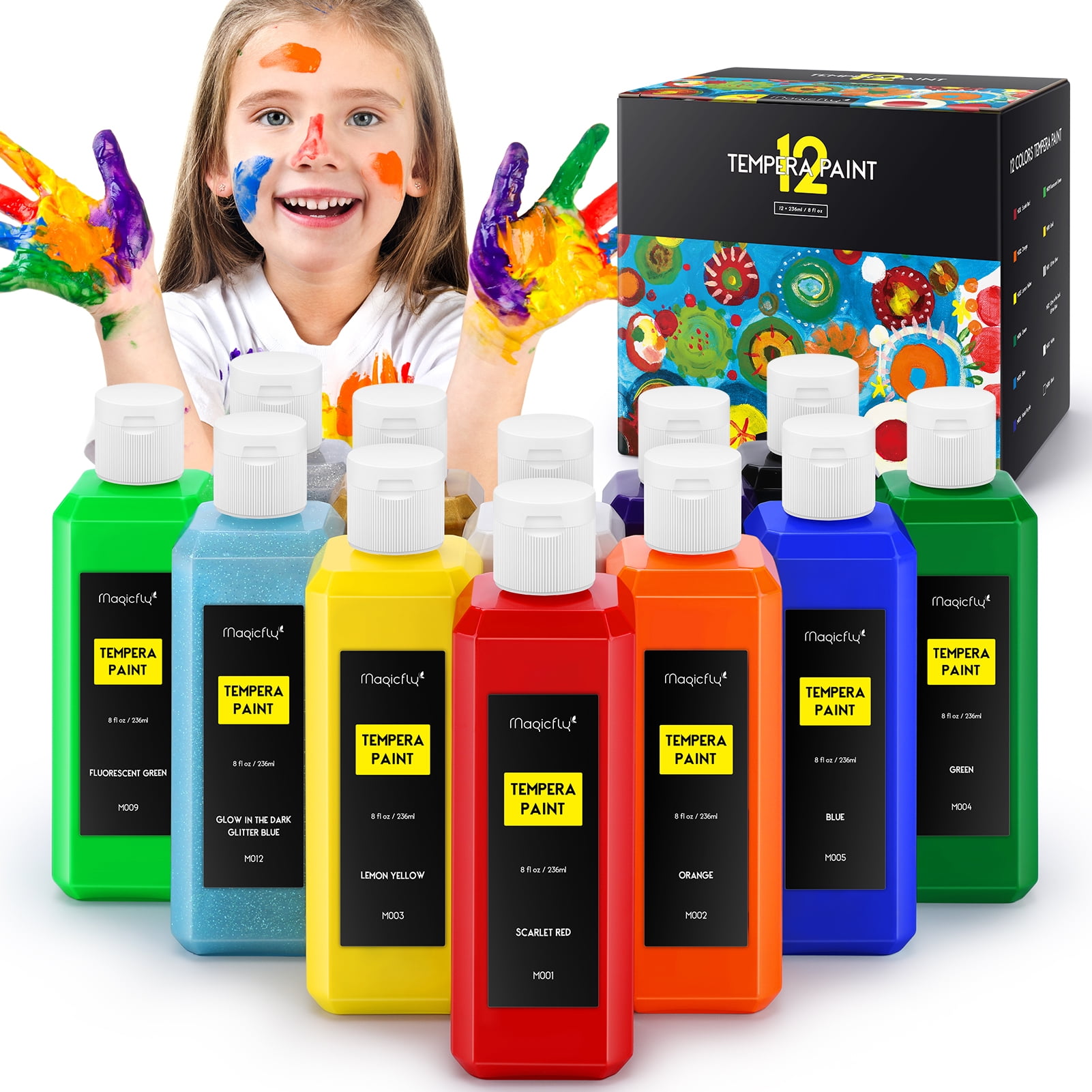 Magicfly 12 Colors (8 oz Each) Washable Tempera Paint, Non-Toxic Poster ...