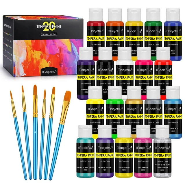Magicfly Acrylic Paint Set 20 Colors(2oz/60ml) w/6 Brushes, Washable ...