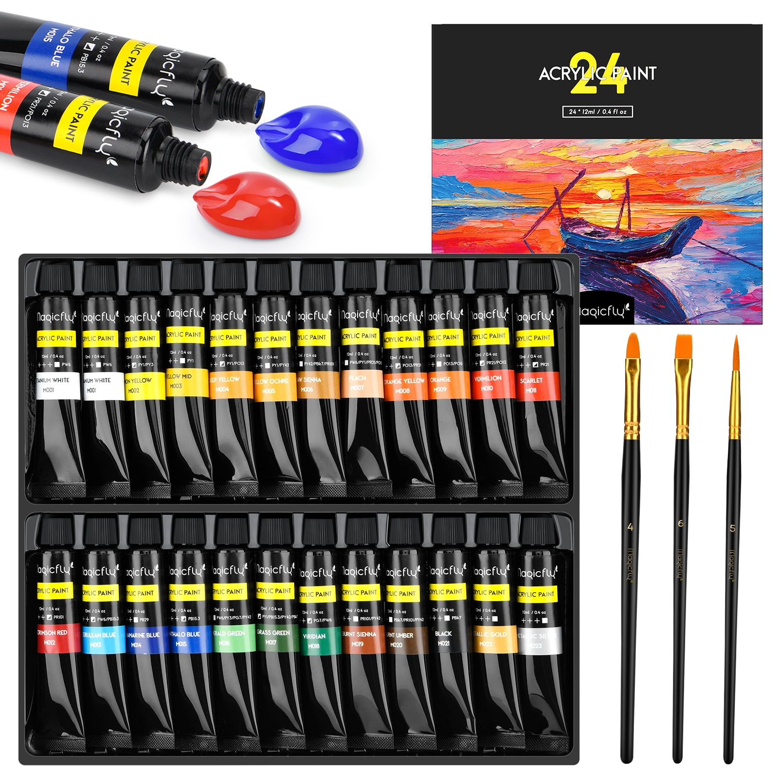 Magicfly Acrylic Paint Set,24 x12ml Tubes Non Toxic Rich Pigments ...