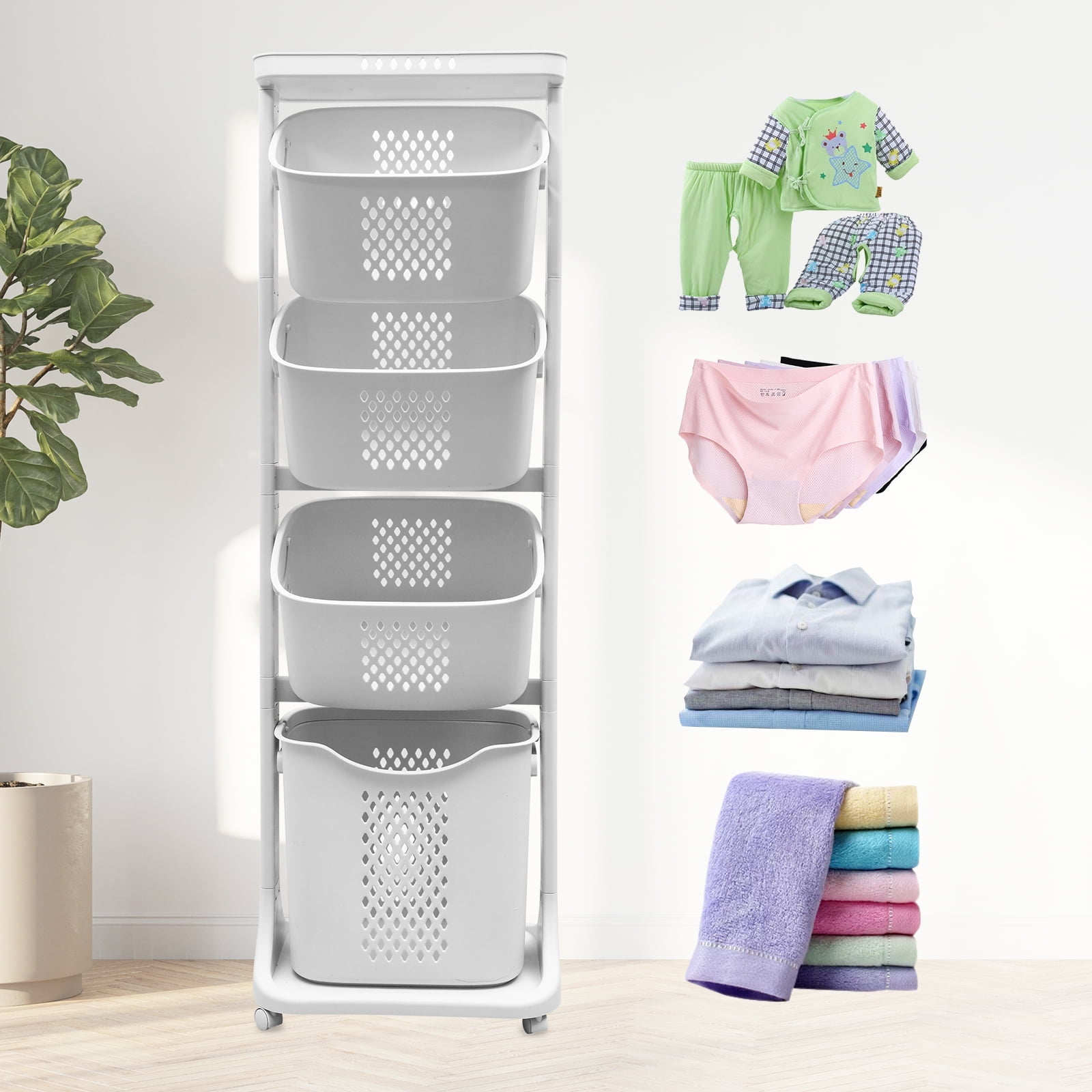 "4-Tier Laundry Hamper Tower Space Stand with Wheels, Movable Clothes ...