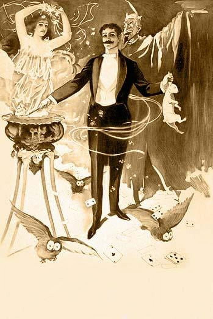 Magician holding rabbit and conjuring spirit surrounded by demon and ...