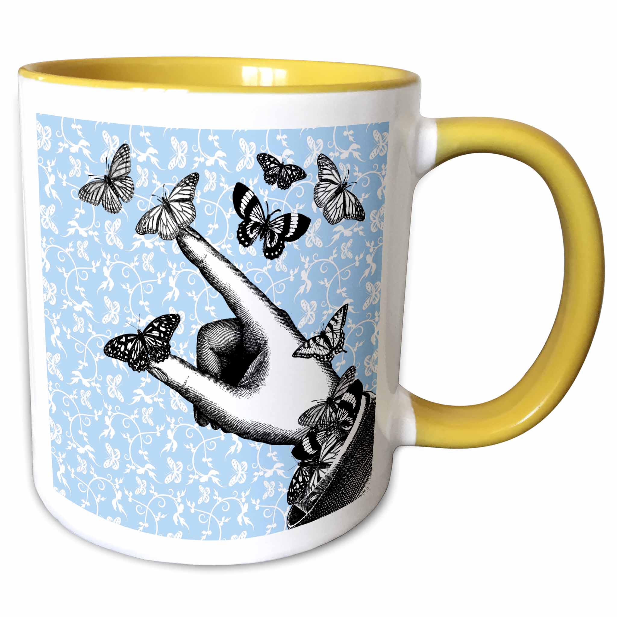 Magicians Butterfly Trick up Sleeve on pale blue background 11oz Two-Tone Yellow Mug mug-220201 ...