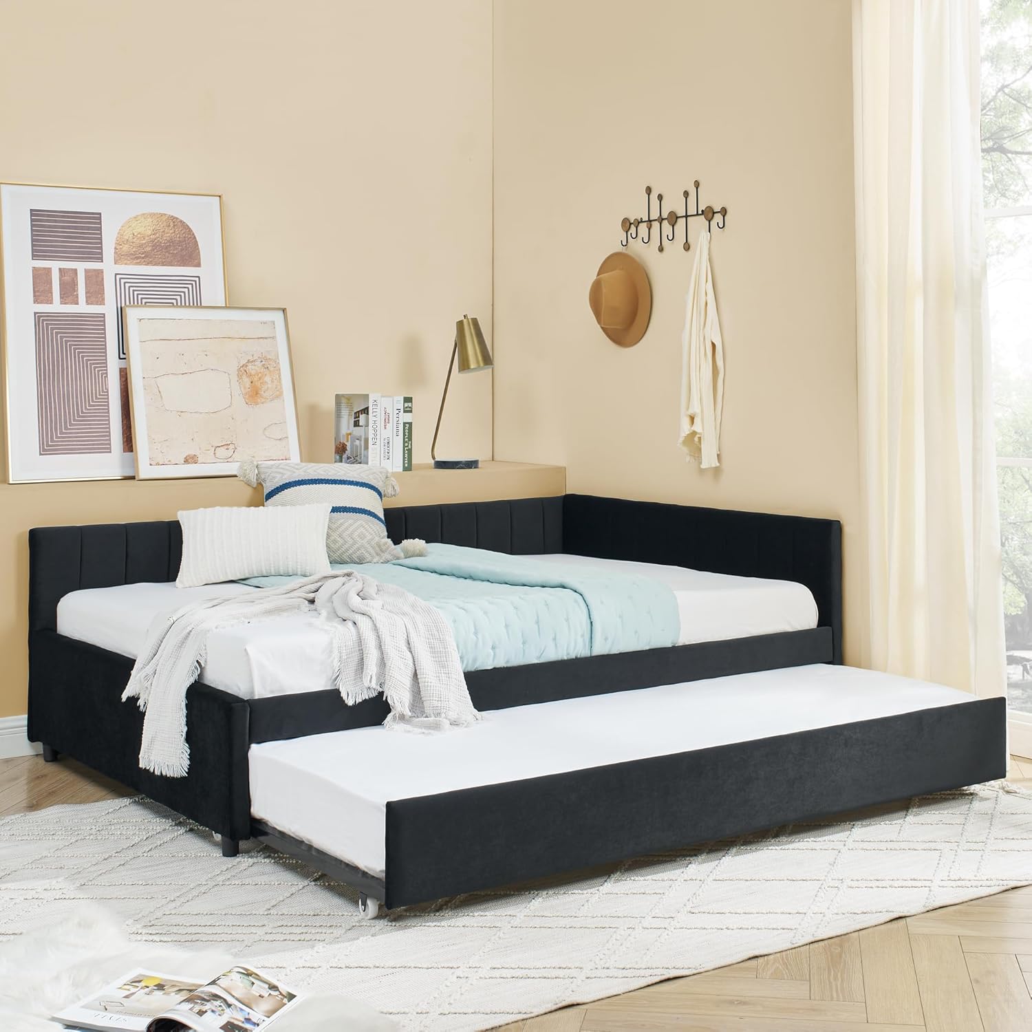 Magik Full Size Corner Daybed with Trundle, Velvet Upholstered Corner ...
