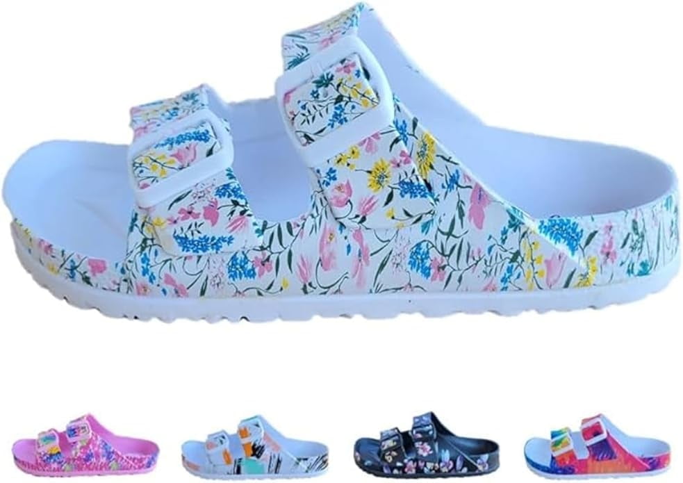 Magiko Women's Adjustable Slide Open Toe Sandals, Floral White, 11 ...