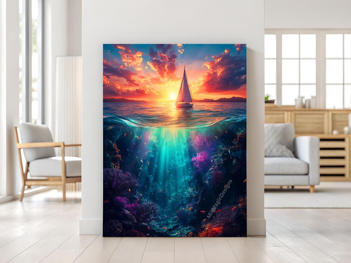 Magischer Sonnenuntergang Über Dem Meer – Traumhafte Unterwasserwelt Mit Segelboot Digitales ...