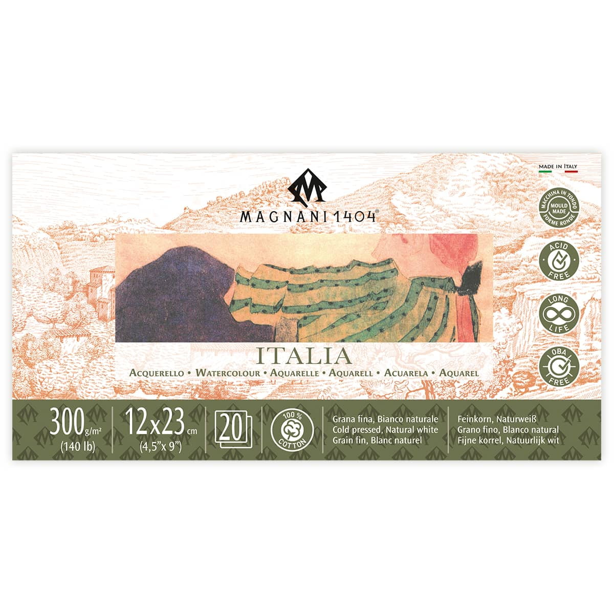 Magnani 1404 Italia Cold Press 100% Cotton Watercolor Paper Pad, 20 ...