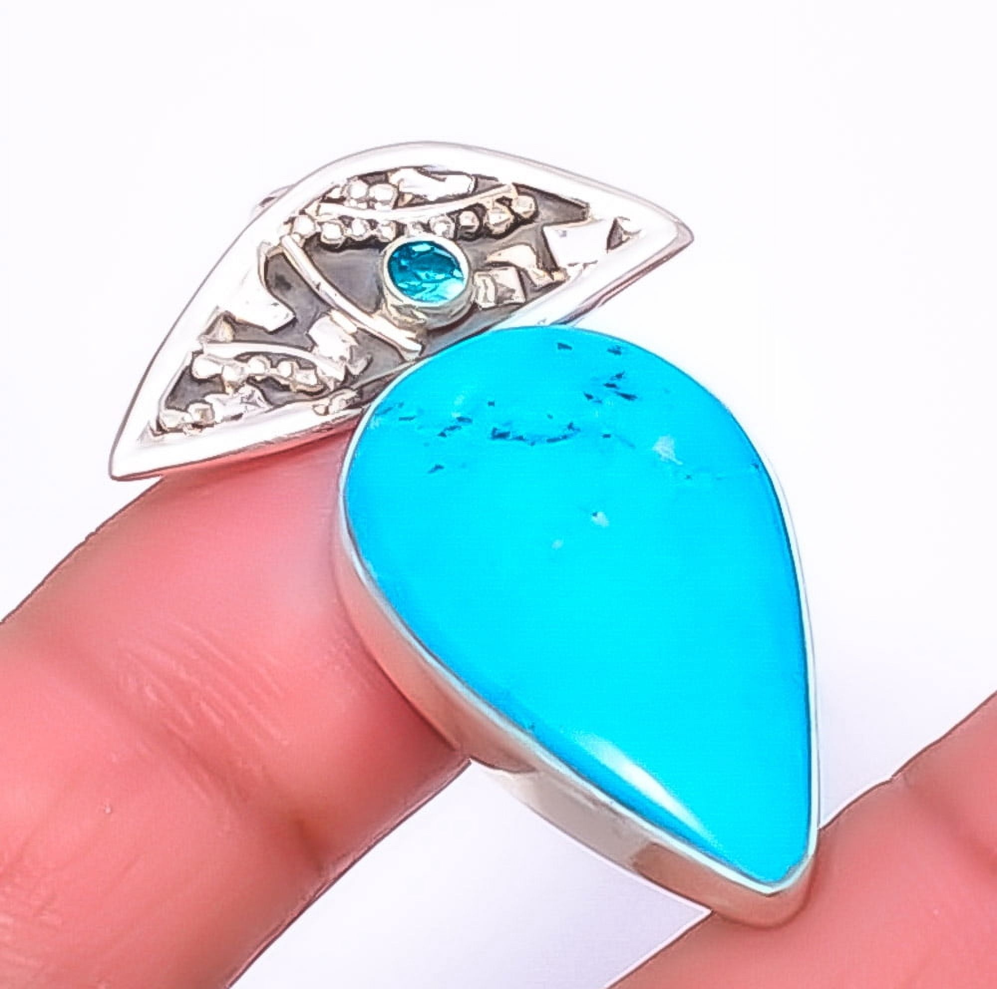 Magnesite Turquoise & Blue Topaz 925 Silver Plated Israeli Pendant 1.56" A314, Valentine's Day ...