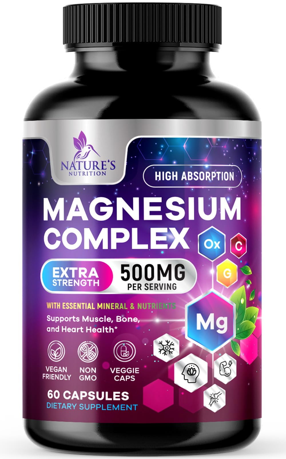 Nature's Nutrition Magnesium Complex 500mg - High Absorption, Non-GMO ...