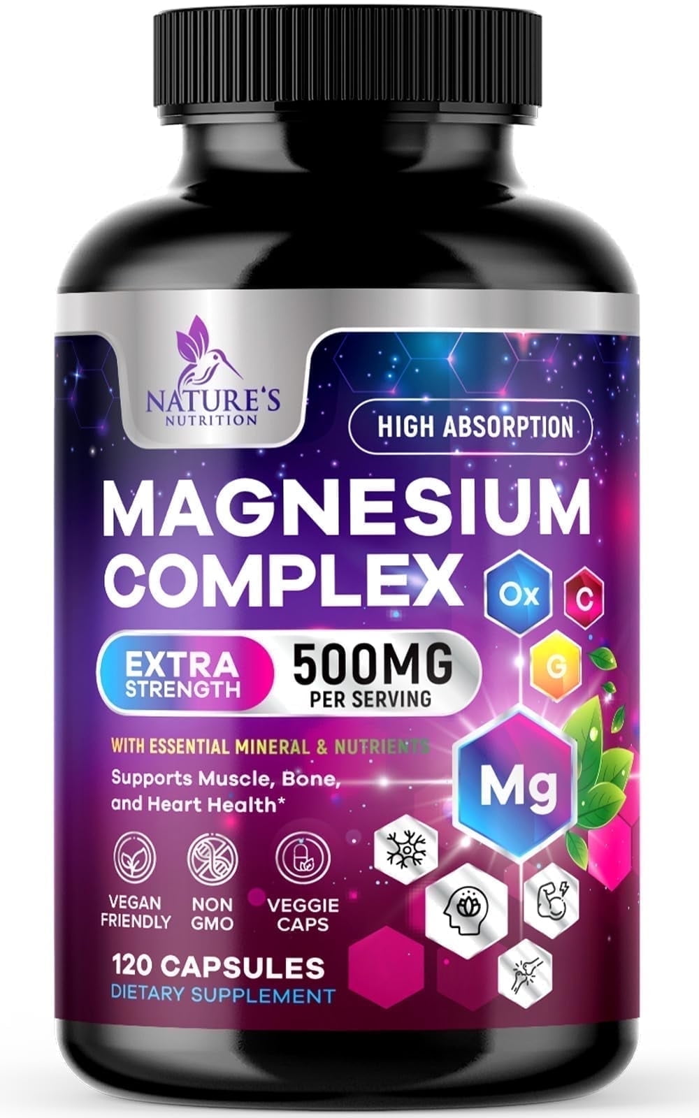 Nature's Nutrition Magnesium Complex Supplement 500 mg 5-in-1 Chelated ...