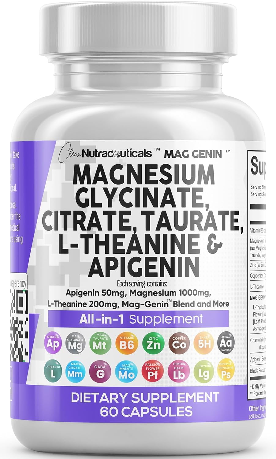 Clean Nutra Magnesium Glycinate Complex 1000mg with L-Theanine 200mg ...