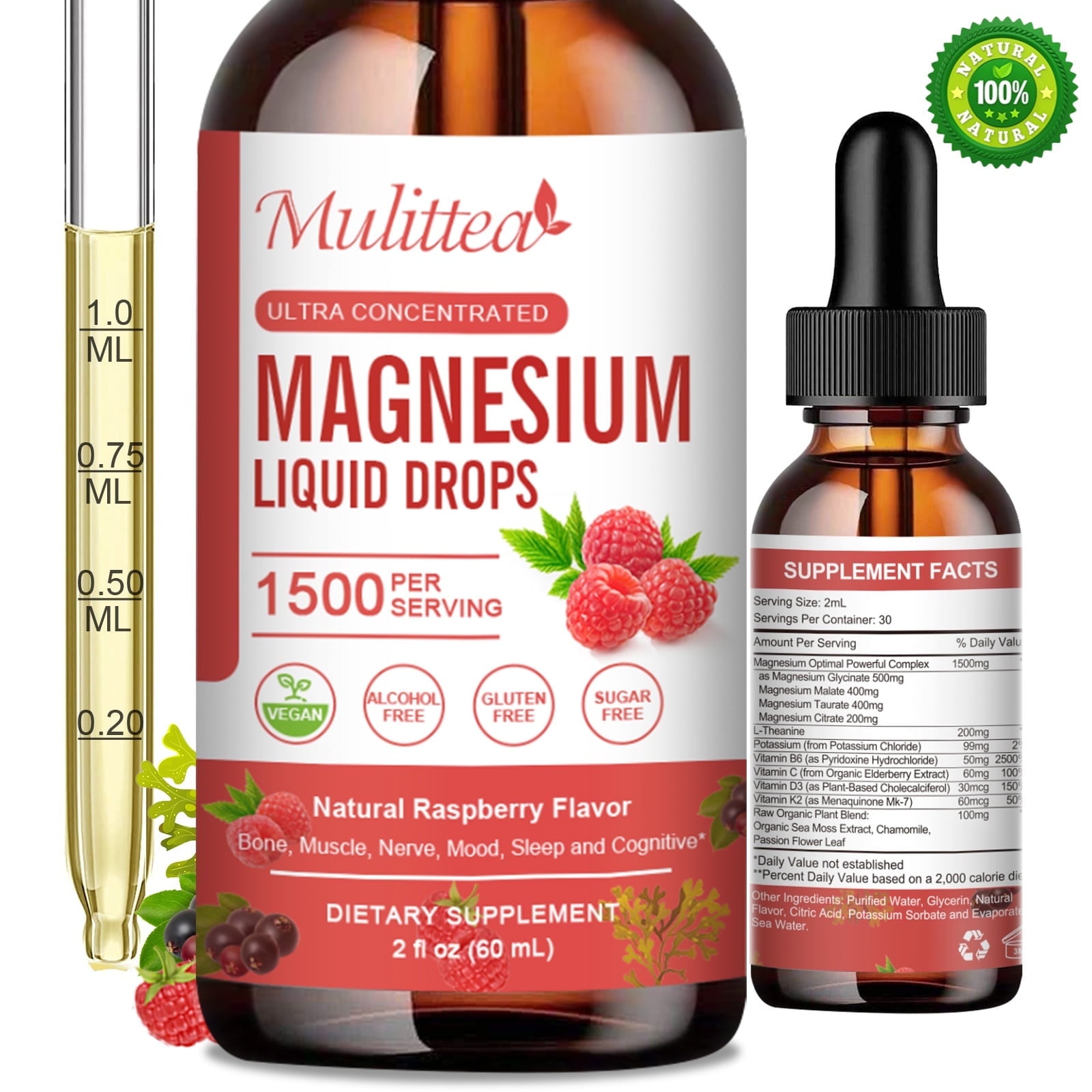 Mulittea Magnesium Glycinate Liquid, Potassium Magnesium with Vitamins ...