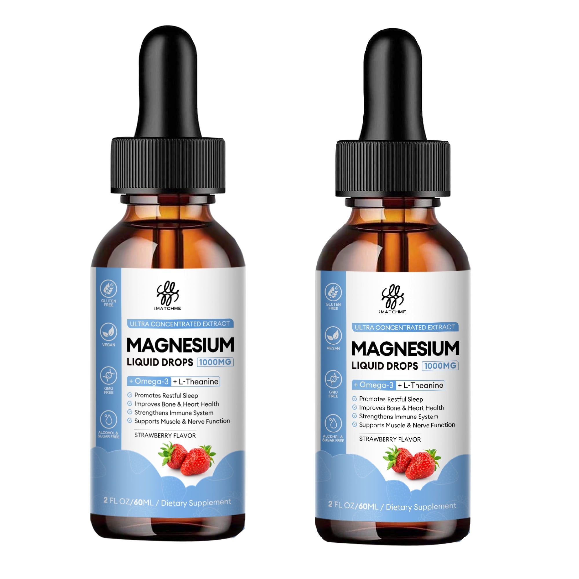 Magnesium Liquid Drops 1000mg| Omega-3+ L-Theanine Magnesium Supplement Strawberry Flavor| 4 Fl ...