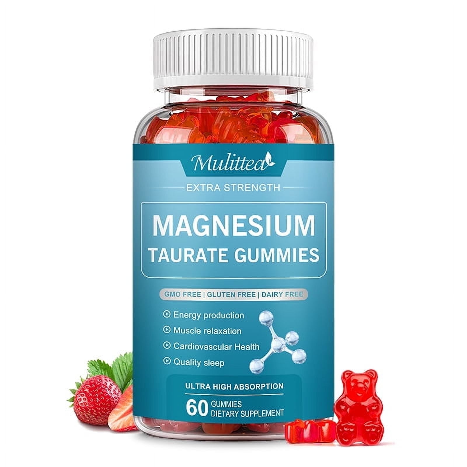 Mulittea Magnesium Taurate Gummies 1800mg, 60 Ct, Strawberry Flavor ...