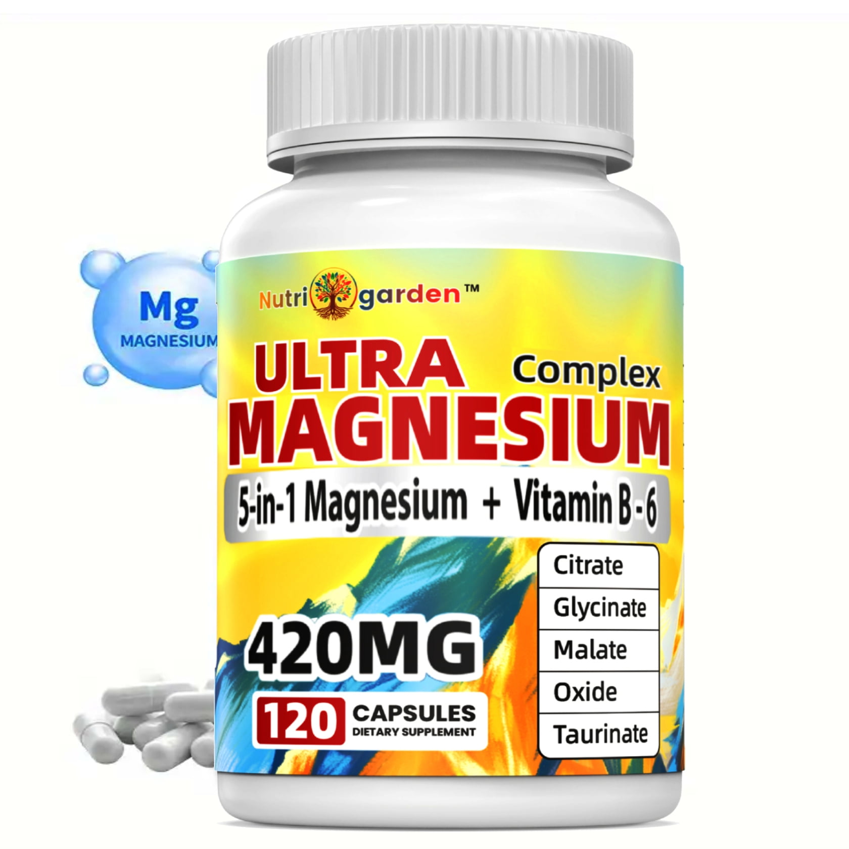 Magnesium Vitamin B6 Complex Supplement - 420mg 120 Vegan Capsules ...