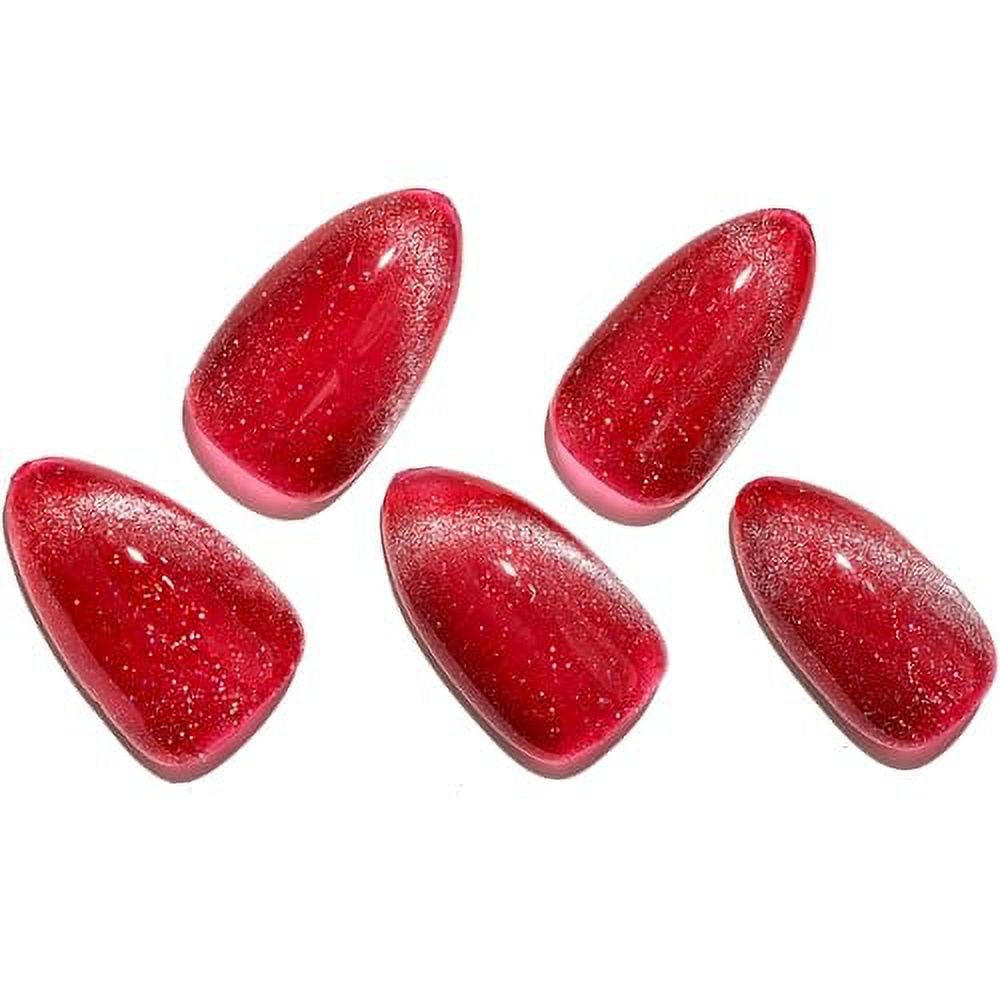 Magnet Red Press on Nails Short Almond, Handmade French Tip Cat Eye Gel ...