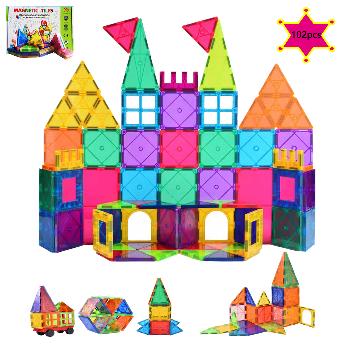 Magnet Toys for kids 128 Piece Set 128 Pcs Magnet Building Tiles Clear ...