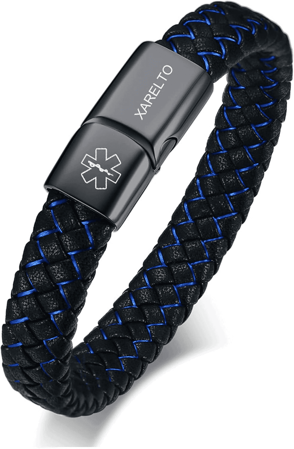 Magnetia Blue Braided Leather Medical Alert Bracelet, Cuff Wristband ...
