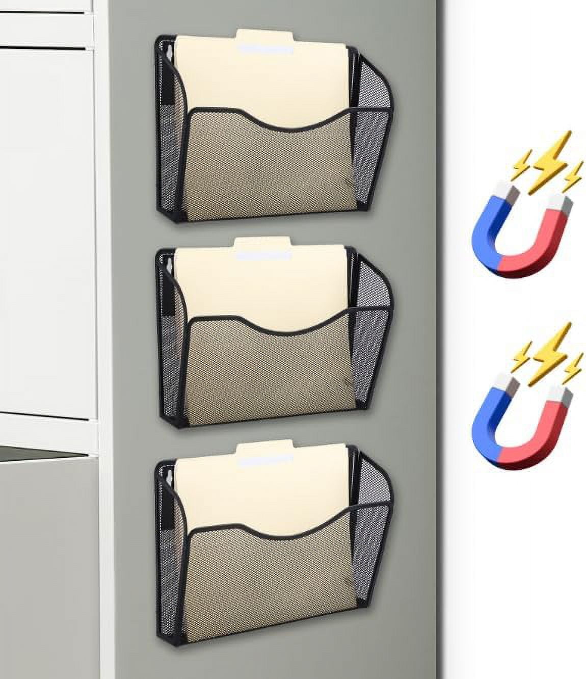 Magnetic 3 Single Pocket Mesh Hanging File Organizer, Vertical Wall ...