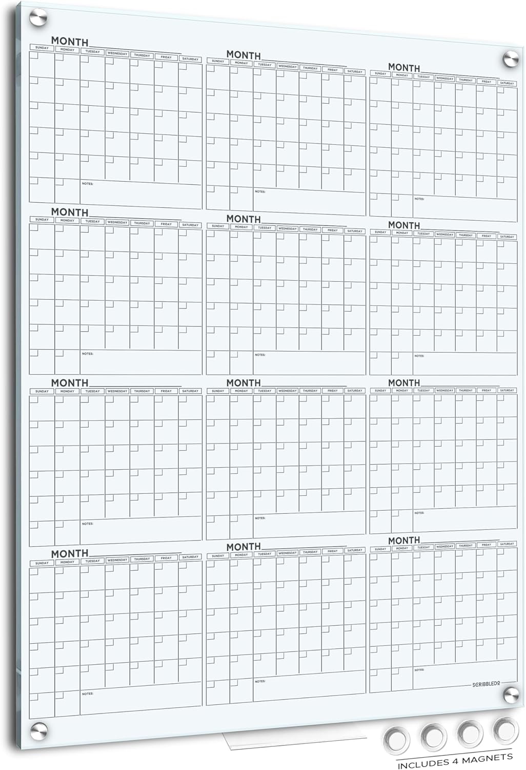 Magnetic 34"x46" Glass Whiteboard Yearly Calendar Planner White Board ...