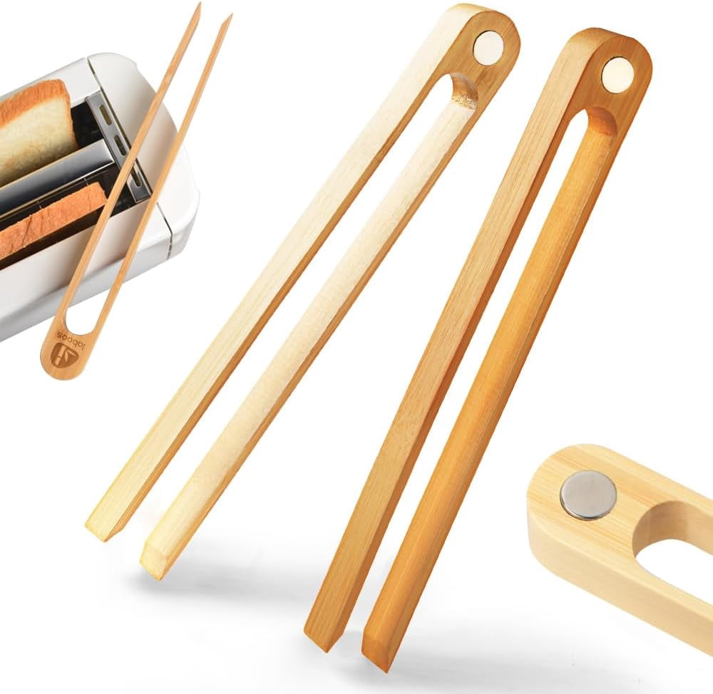 Magnetic Bamboo Toaster Tongs: 100% Natural 8.7” Wood Kitchen Toast ...