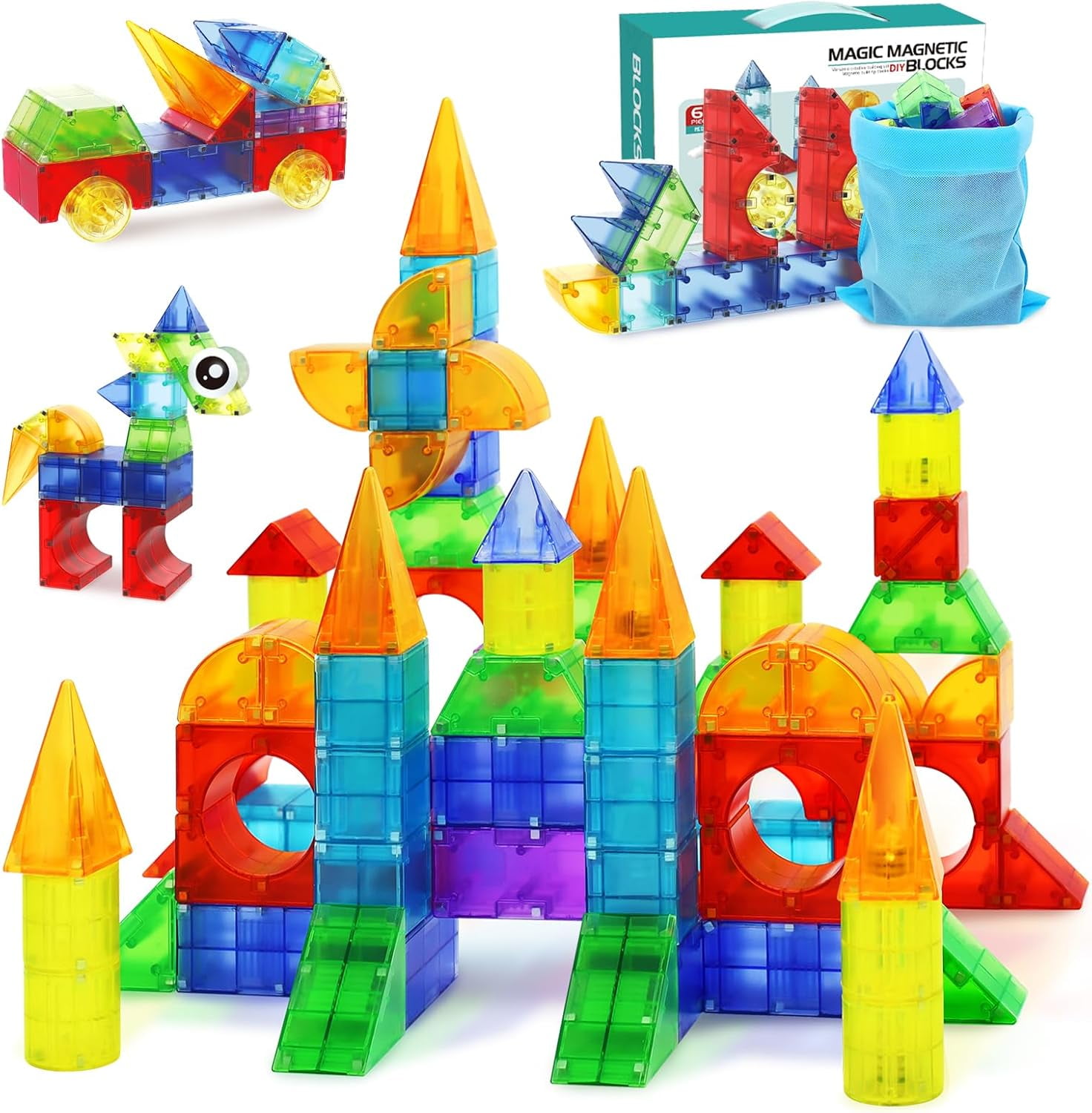 Magnetic Blocks,66 PCS Translucent Building Toys for Toddlers 3+,Multi ...