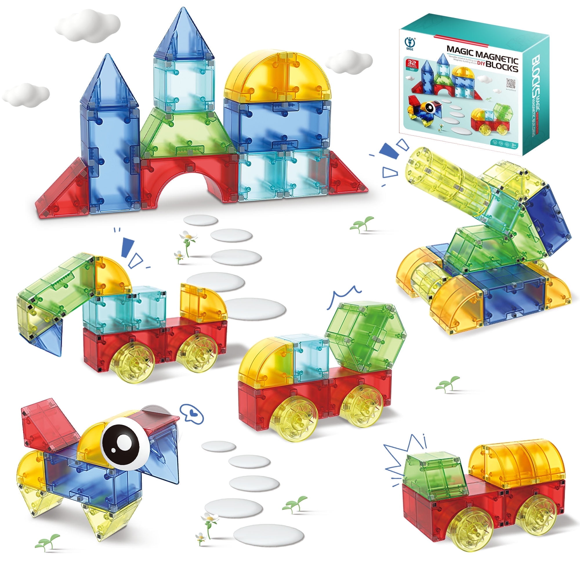 WEFONE Magnetic Blocks for Kids, STEM Toys, Glow in the Dark, 32PCS ...