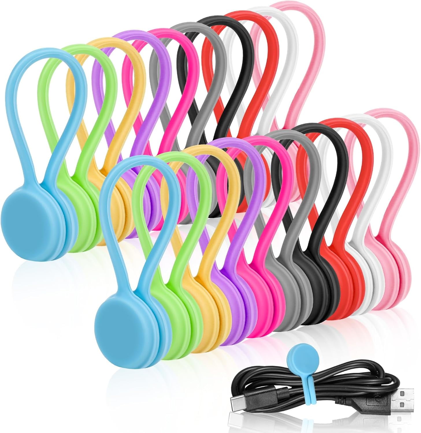 Magnetic Cable Ties [10Colors, 20Pack], Silicone Reusable Magnetic Cord ...