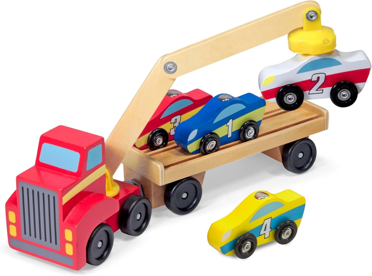 Magnetic car loader wooden toy set with 4 cars and 1 semi-trailer truck ...