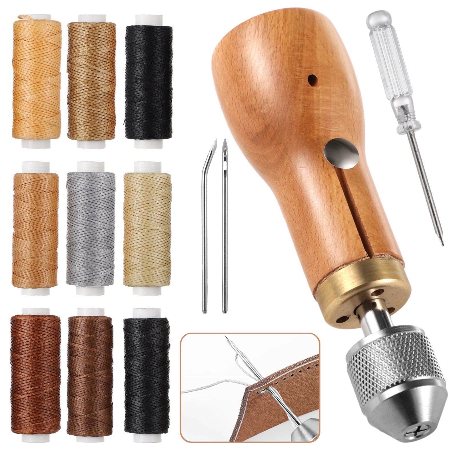 Leather Sewing Awl Thread Kit, 13 PCS Portable Sewing Awl Kit, Wood ...